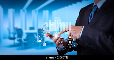 Coding software developer work with augmented reality dashboard computer icons of scrum agile ...