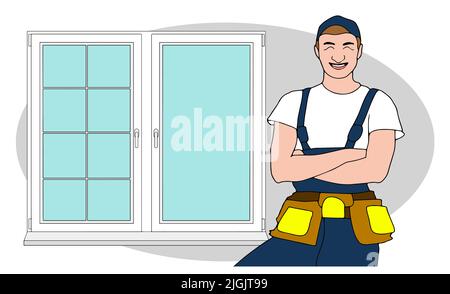 Workers install glass window at house. Construction and repair works ...