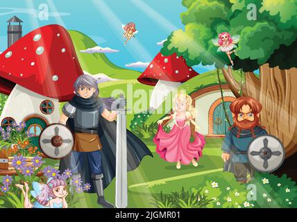 Enchanted scene with medieval cartoon characters illustration Stock ...