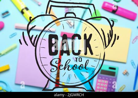 Poster with different stationery and text BACK TO SCHOOL on beige ...