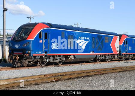 Siemens Charger ALC-42 diesel electric locomotives lead Amtrak's westbound Empire Builder ...