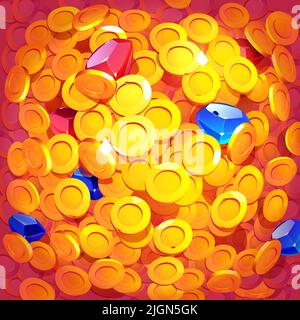 Coin pile with gem stones. Game gold and crystals loots. Vector ...