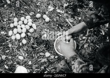 Eggs and a deep bowl, the Ukrainian military prepares eggs in the field ...