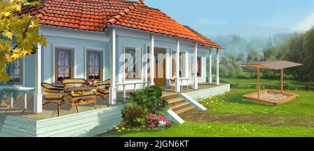 Country house with a veranda on a sunny day. Digital Painting ...