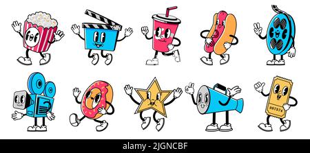 Cartoon cinema characters. Funny popcorn, cinema tickets and 3D movie ...