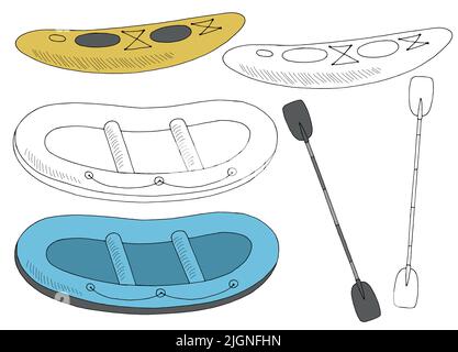 Kayak boat travel graphic black white river top aerial view landscape ...