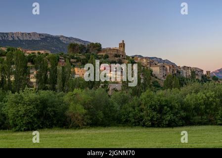 Àger village and the Montsec range at sunset, twilight and night (La ...