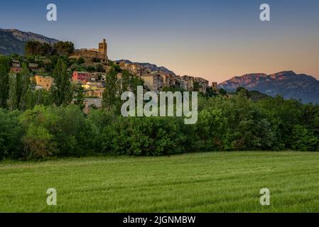 Àger village and the Montsec range at sunset, twilight and night (La ...