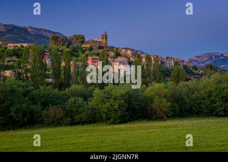 Àger village and the Montsec range at sunset, twilight and night (La ...