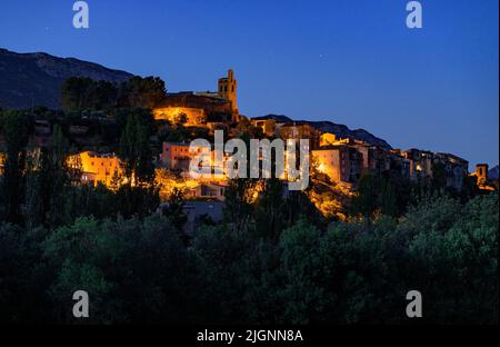 Àger village and the Montsec range at sunset, twilight and night (La ...