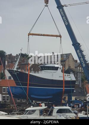 Launching of British-built trawler Winter of Ladram in Whitby, North ...