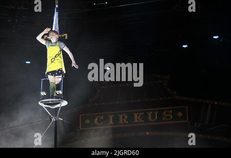 Stockholm, Sweden. 12th July, 2022. Actress Ida Breimo sings as Pippi Longstocking during the ...