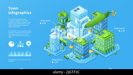 Town infographics poster with isometric modern city and charts. Vector ...