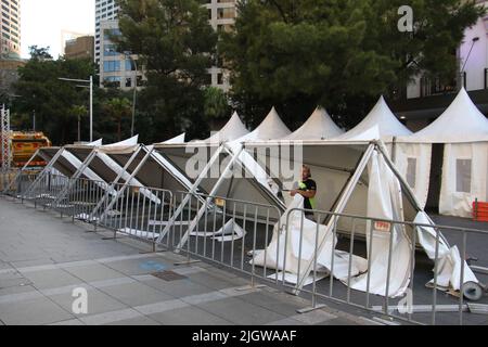 Stalls are set up for the Bastille Festival at Circular Quay, Sydney ...