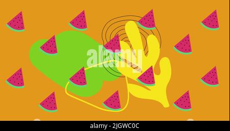Image of watermelon spinning over shapes on orange background Stock ...