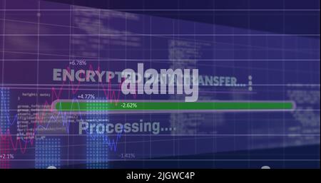 Image of data processing over grid network against empty office, copy ...