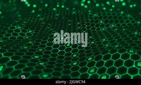 Secured network 3D illustration. Protection of private data. Hexagonal ...