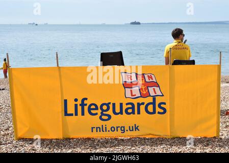 Lifeguards RNLI logo sign on surfboard at Whitesands Bay Pembrokeshire ...