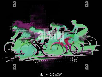 Cycling race, green silhouettes. Expressive stylized drawing of a group ...