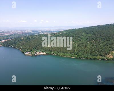 Aerial summer view of Pancharevo lake, Sofia city Region, Bulgaria ...