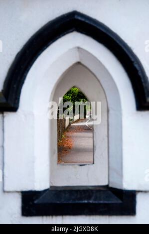 Vestibule window with a view of Main Street in Virginia, Ireland Stock ...