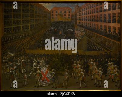 Spanish Inquisition. Auto-da-fe. Condemned in the scaffold wearing the ...