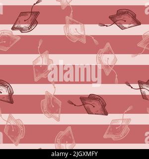 Graduate hats engraved seamless pattern. Vintage element education in ...