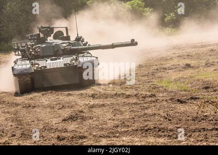 Polish modern battle tank PT-91 during military demonstrations. A ...
