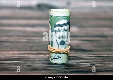 Stack of Saudi Arabia 50 SAR fifty Saudi riyals cash money banknote ...