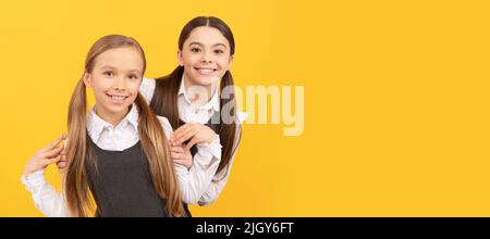 School girls friends. Care and concern, school return. Happy children ...