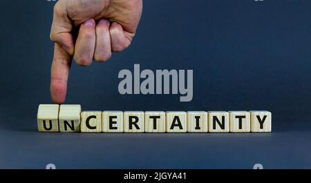Certainty or Uncertainty symbol. Businessman turns wooden cubes and ...