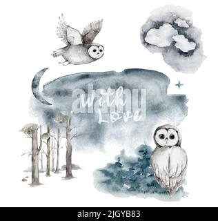 Autumn forest watercolor. Forest illustration. Pines, owl, hare and ...