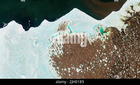 Aerial of the Lena River delta at the Laptev Sea in the far north of eastern Siberia, Russia ...