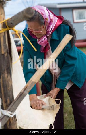 Indigenous Dene elder woman, Stella McKenizo, in the northern community ...