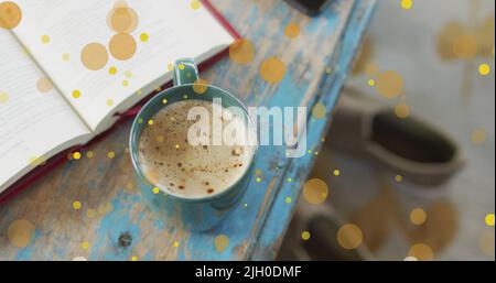 Image of falling yellow dots over people using payment terminal Stock ...