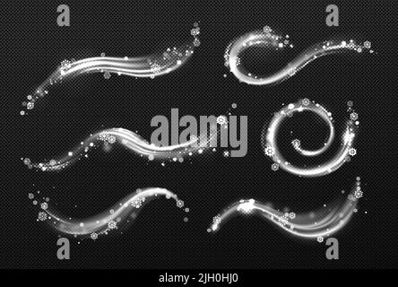 Winter wind effect with swirls and waves of white mist clouds with snow ...
