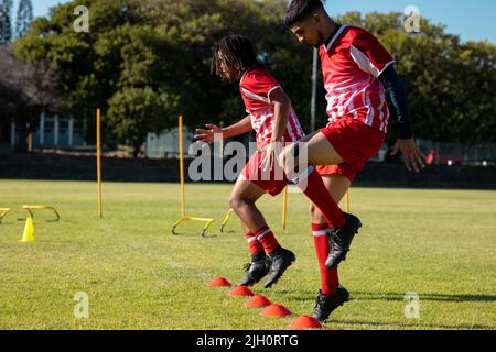 Side view of multiracial male players jumping on disc cones over grassy ...