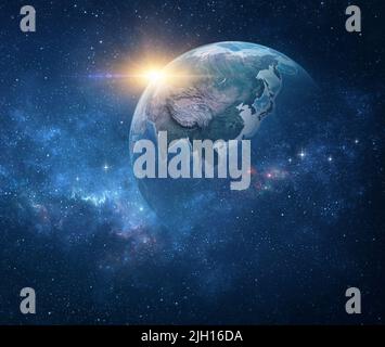 sunrise from space, stars and sun, 3d render illustration Stock Photo ...