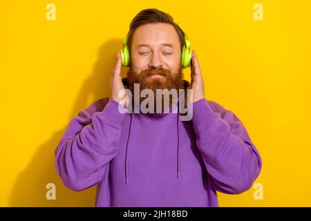 Photo of cheerful dreamy guy dressed yellow pullover arm chin looking ...