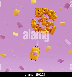 Backpack with different colorful stationery and balloons flying on blue ...