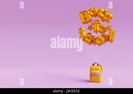 Backpack with different colorful stationery and balloons flying on blue ...