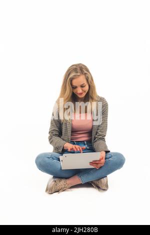 Photo of cute blond young lady look telephone wear plaid shirt isolated ...