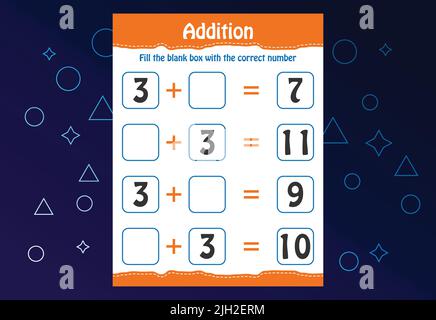 Basic math addition for kids. Fill the blank box with the correct ...