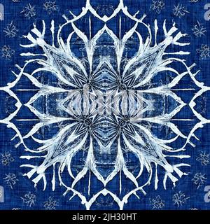 Indigo blue snow flake pattern background. Frosty batik painterly ...