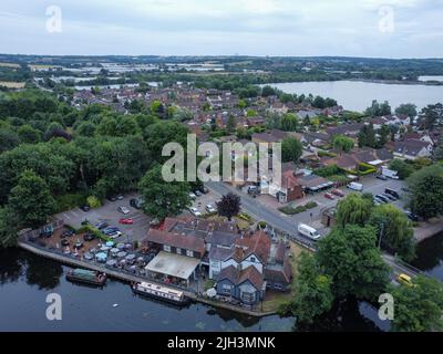 Aerial view of riverside pub and housing estate in Hoddesdon UK Stock ...