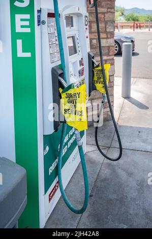 Sorry out of service yellow tag on gas station in Arizona Stock Photo ...