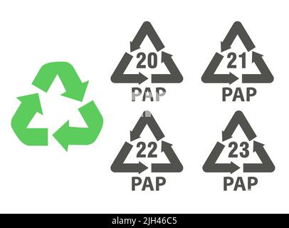 Paper or cardboard recycling signs. 20, 21, 22, 23 PAP in triangular ...