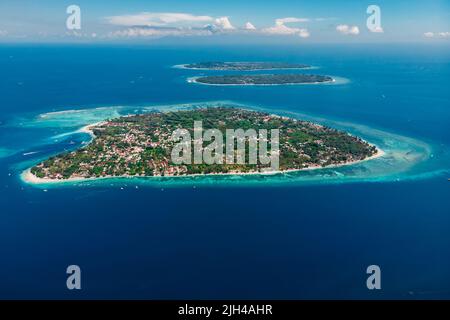 Aerial view with Gili islands and ocean. Gili Air, Meno and Trawangan ...
