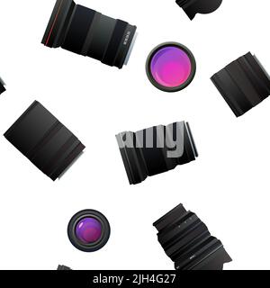 Set of lenses for camera. Various sizes and focal lengths. Optical device. Shooting equipment ...