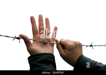 barbed wire mesh and woman's hands Stock Photo - Alamy